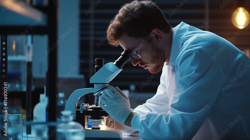 A scientist in a white lab coat, peering into a microscope with intense ...