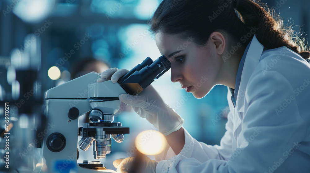 A scientist in a white lab coat, peering into a microscope with intense ...
