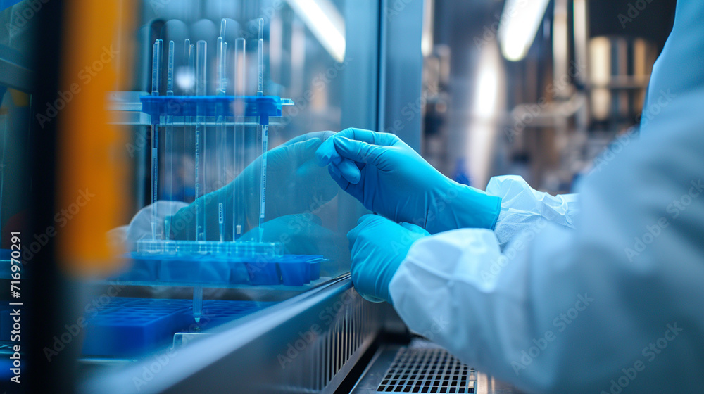 A dynamic shot of a researcher in a controlled environment, conducting ...