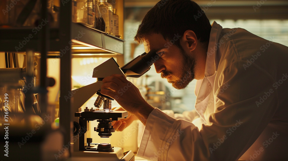 A scientist in a white lab coat, peering into a microscope with intense ...