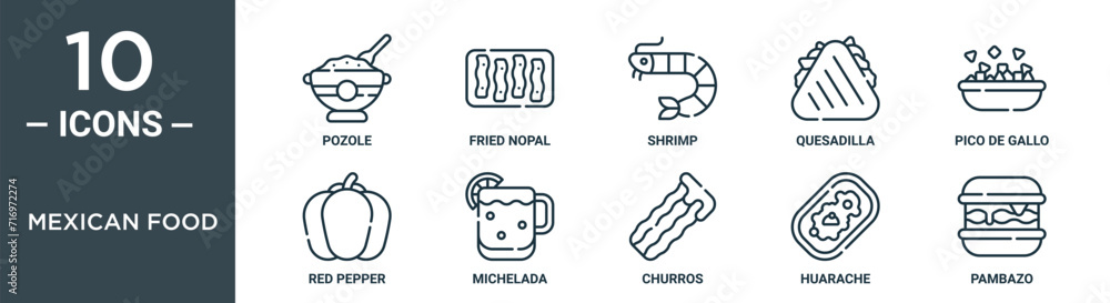 mexican food outline icon set includes thin line pozole, fried nopal ...