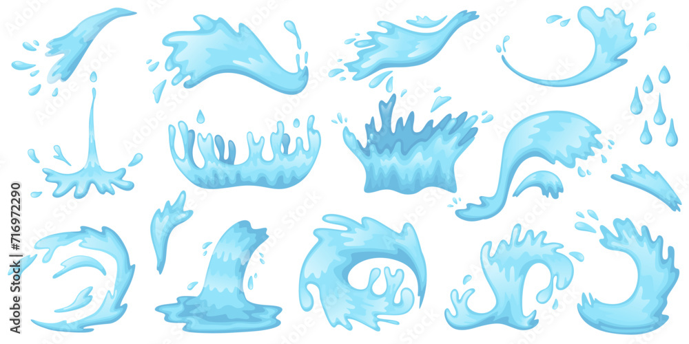 Cartoon water splashes. Blue waves, drops, spray, pure liquid different ...