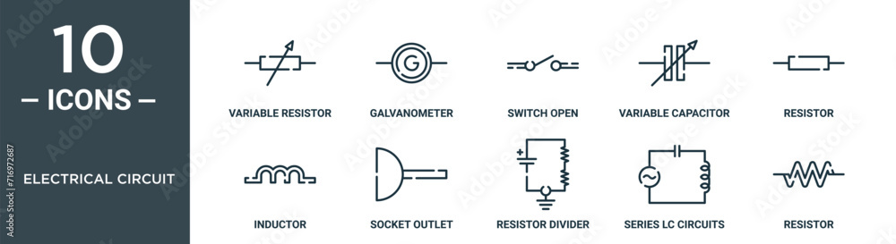 electrical circuit outline icon set includes thin line variable ...