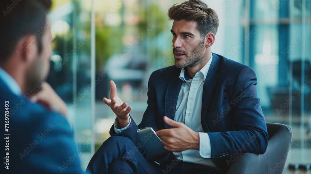 Man in a conversation, gesturing with his hands while speaking to an ...
