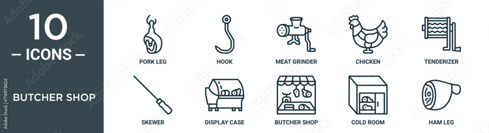 butcher shop outline icon set includes thin line pork leg, hook, meat ...