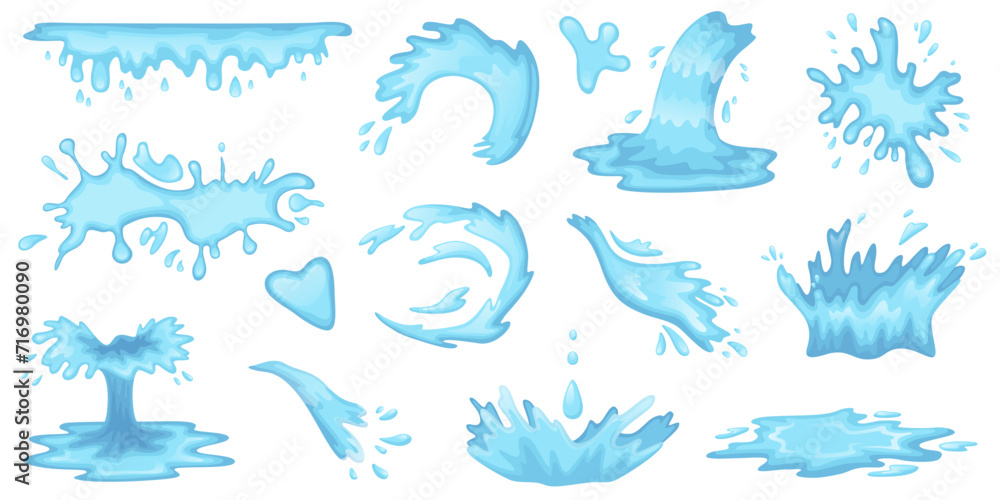 Cartoon water drops. Flying and flowing particles of blue liquid. Sea ...