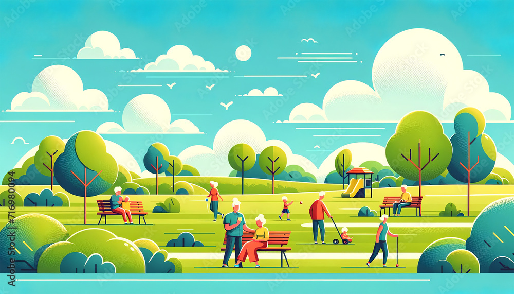 A vibrant park scene with diverse people engaging in leisure activities ...