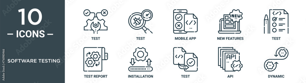 software testing outline icon set includes thin line test, test, mobile ...