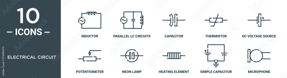 electrical circuit outline icon set includes thin line inductor ...