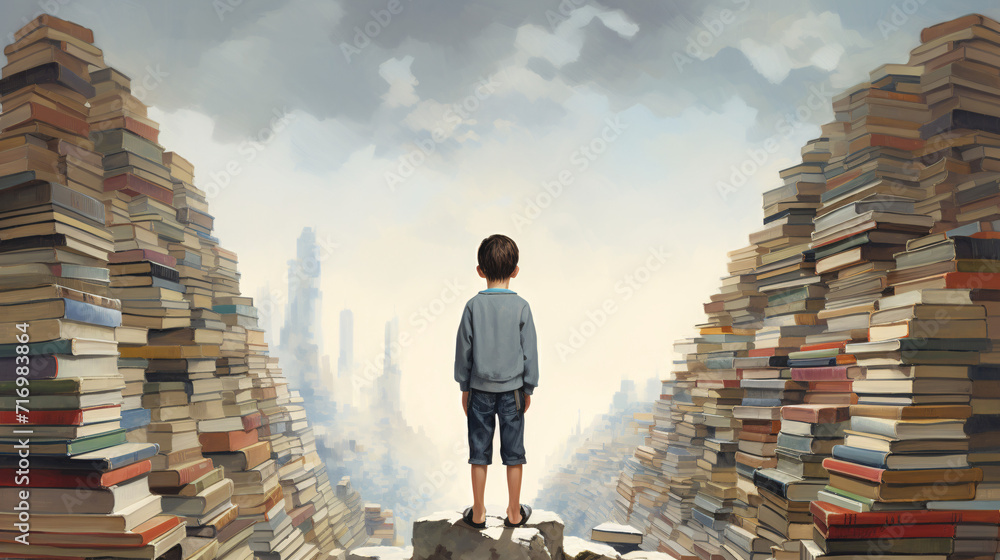 Back view of boy looking at pile of books in surreal surreal landscape ...