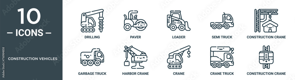 construction vehicles outline icon set includes thin line drilling ...