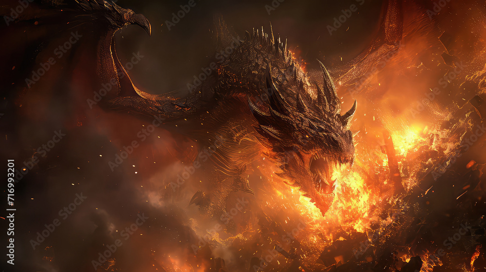 Fire breathes explode from a giant dragon in a black night, the epic ...