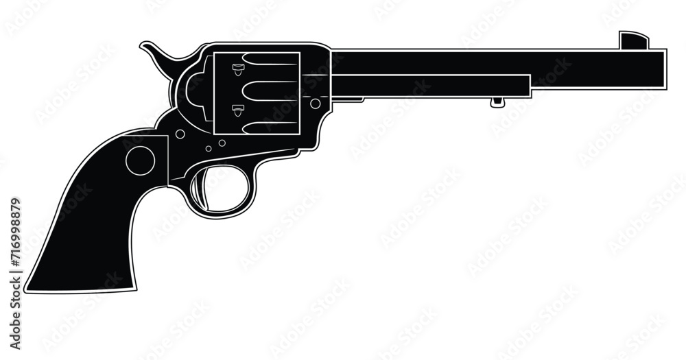 Vector illustration of the Colt Peacemaker revolver. Black. Right side ...