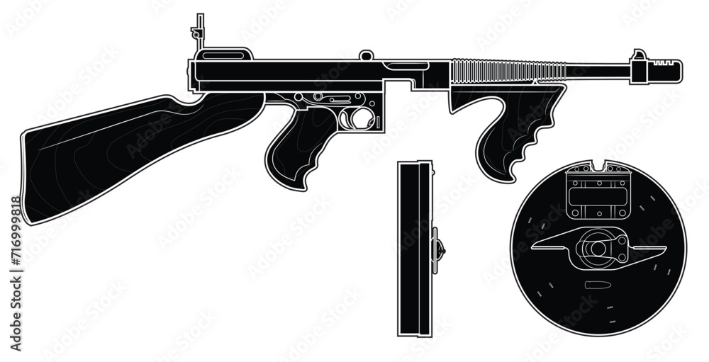 Vector illustration of the Thompson M1921 submachine gun with round ...