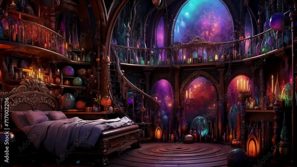 Magic User’s Bedroom with Swirling Magical Portals, Flickering Candles ...