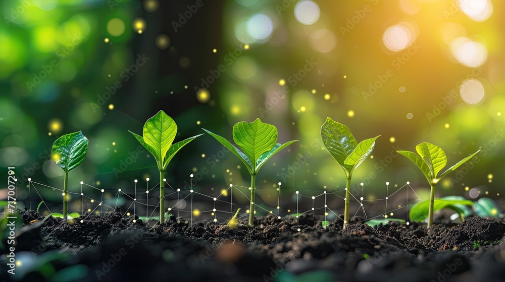 Plant saplings growing with holographic infographic data visualisation ...
