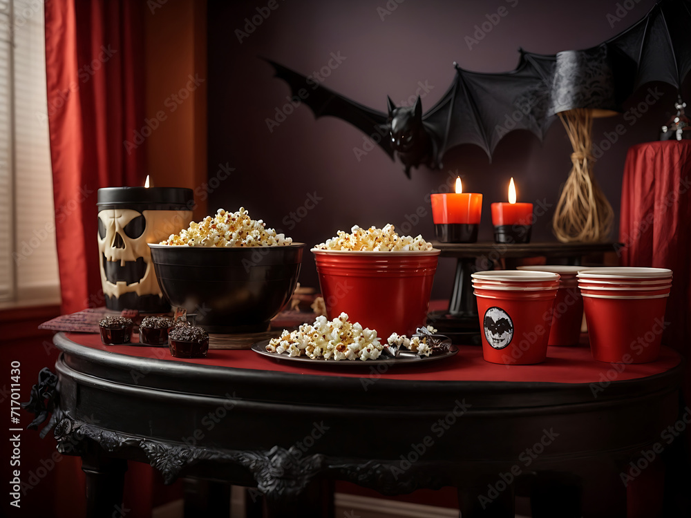 Halloween movie night with friends' side view table adorned with spooky ...