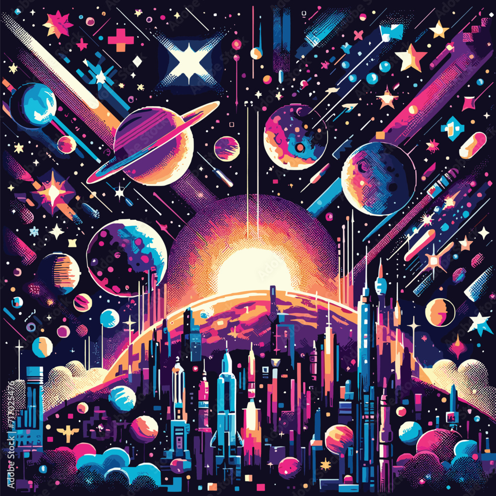Retro-Futuristic Galaxy: 1:1 Vector Art with Pixelated Stars, Planets ...