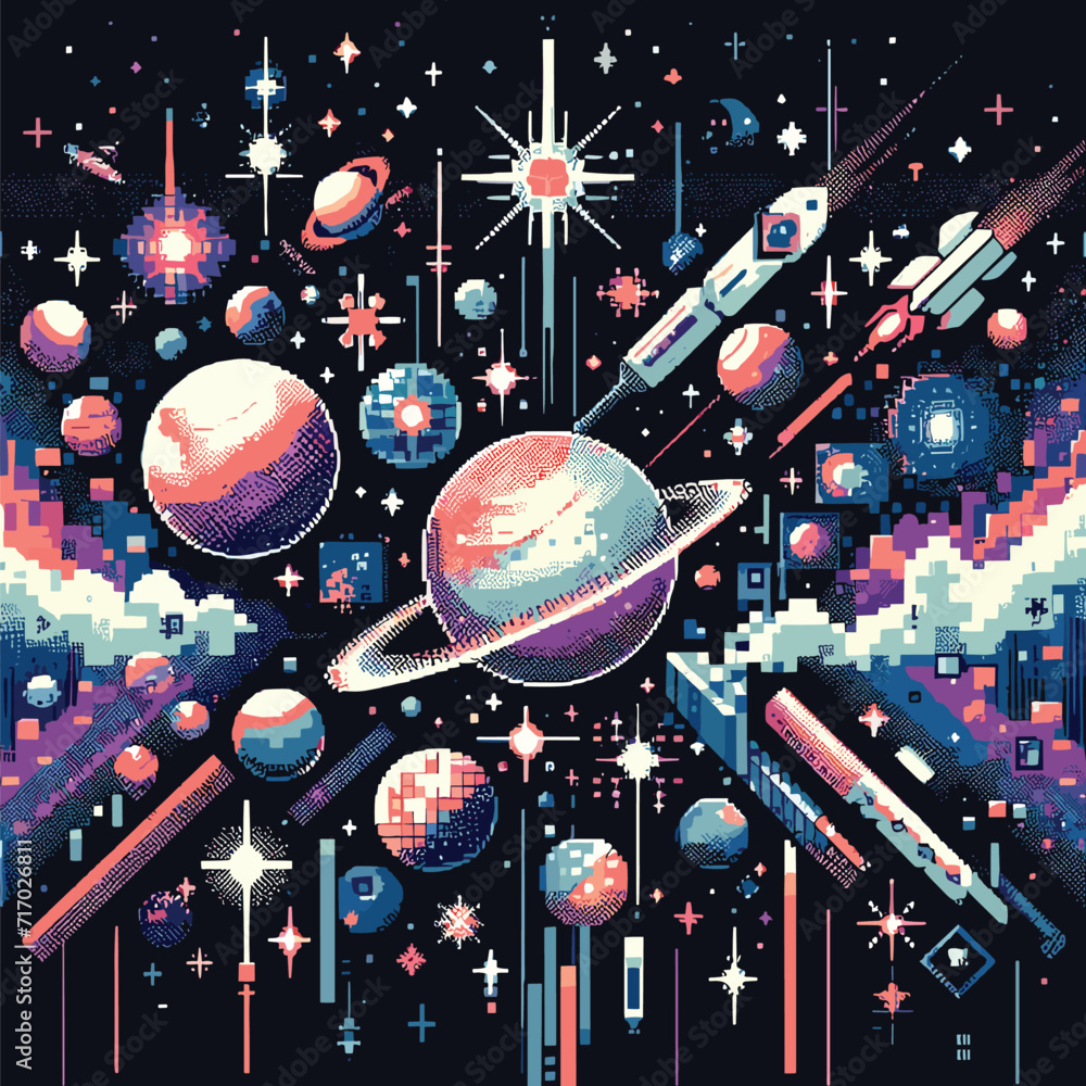 Retro-Futuristic Galaxy: 1:1 Vector Art with Pixelated Stars, Planets ...