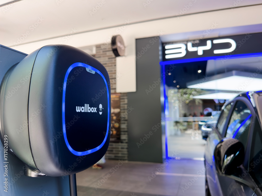 PENANG, MALAYSIA - OCT 20, 2023: BYD Wallbox close up in front of BYD ...