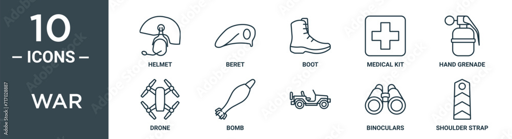 war outline icon set includes thin line helmet, beret, boot, medical ...