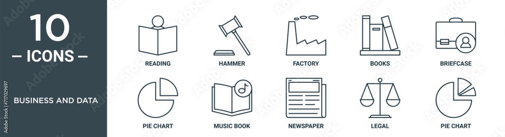 Vetor de business and data outline icon set includes thin line reading, hammer, factory, books ...