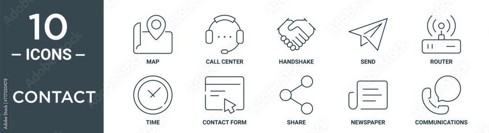 contact outline icon set includes thin line map, call center, handshake ...