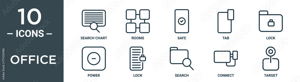 Vetor de office outline icon set includes thin line search chart, rooms ...