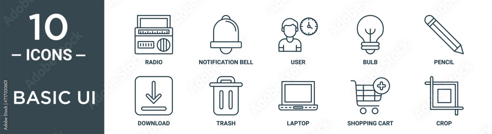 basic ui outline icon set includes thin line radio, notification bell, user, bulb, pencil ...