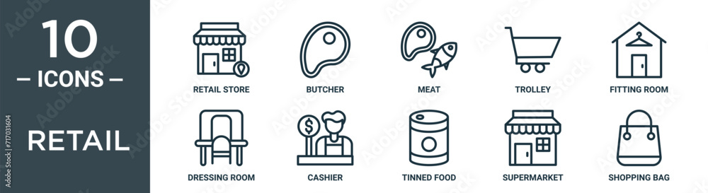 retail outline icon set includes thin line retail store, butcher, meat ...