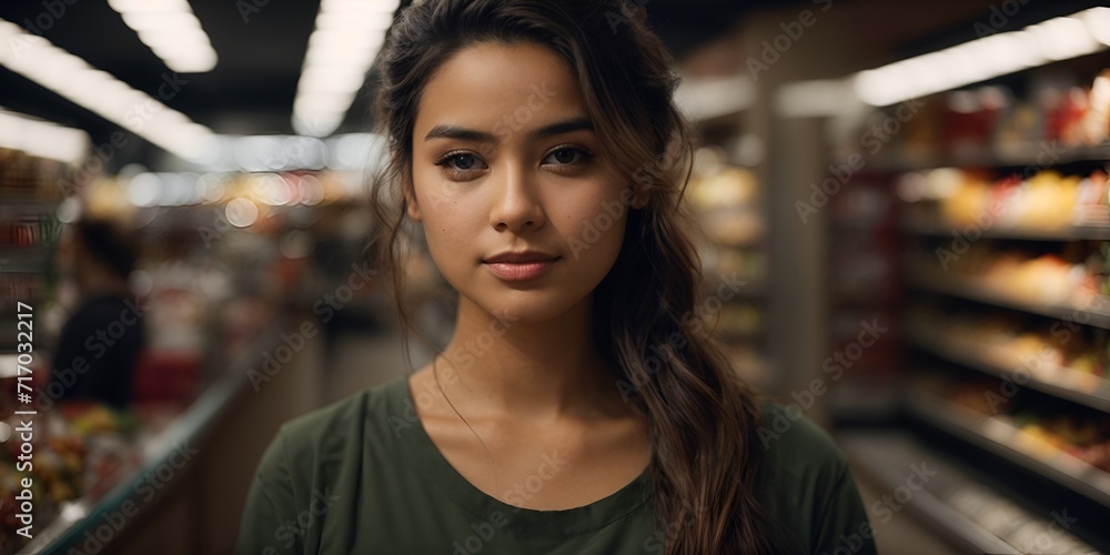 A bustling supermarket scene captured in stunning 8K detail. A friendly ...