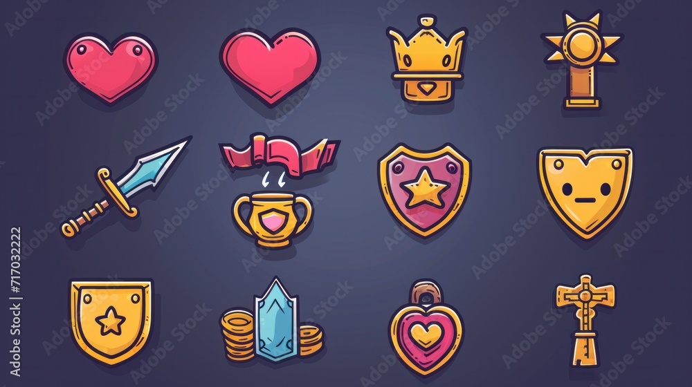 Game icons with heart, lightning, key, crown, gold cup and star. Vector ...