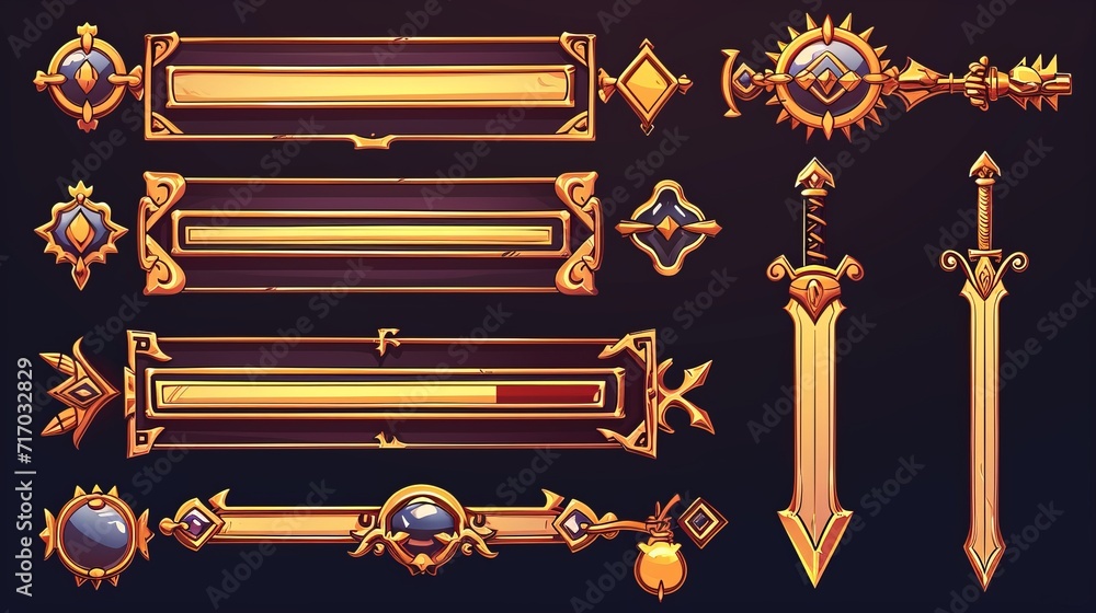 Game UI elements with gold frames in medieval style. Buttons, banners ...