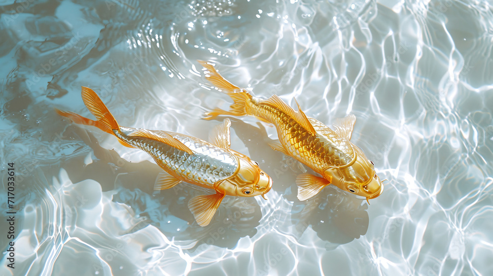 two shimmering golden fish on the sparkling white water, beautiful ...