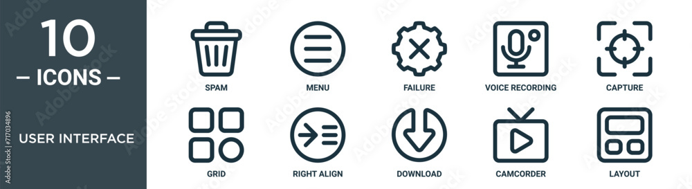 user interface outline icon set includes thin line spam, menu, failure ...