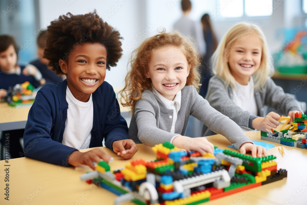 Diverse group of students studying in school classroom.Schoolchild Kids ...