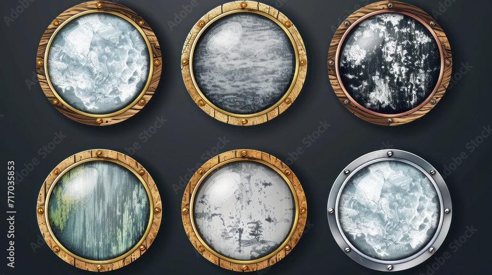 Set of round ui game frames, textured circles made of silver, gold ...