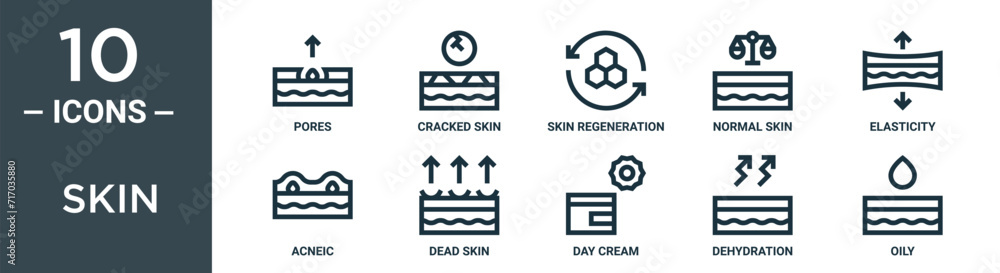 skin outline icon set includes thin line pores, cracked skin, skin ...