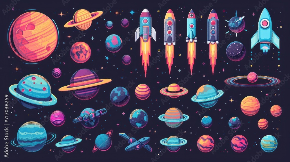 Space Arcade game interface elements with Pixel Art icons, Planets, Ufo ...