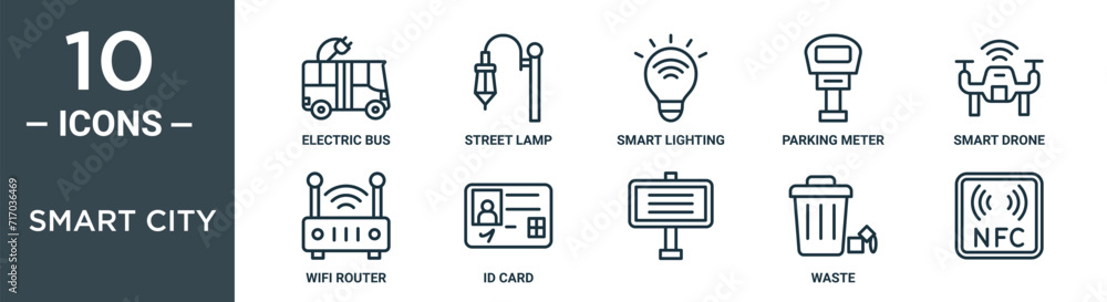 smart city outline icon set includes thin line electric bus, street ...