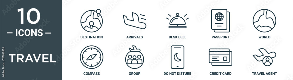 travel outline icon set includes thin line destination, arrivals, desk ...