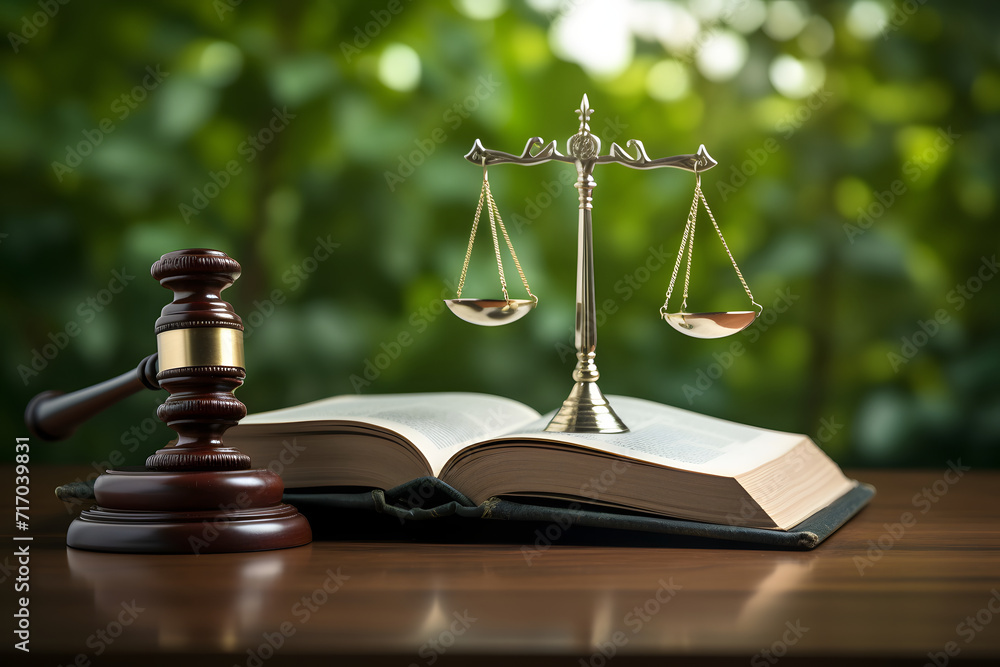 nternational Law and Environment Law. Green World and gavel on a book with scales of justice ...