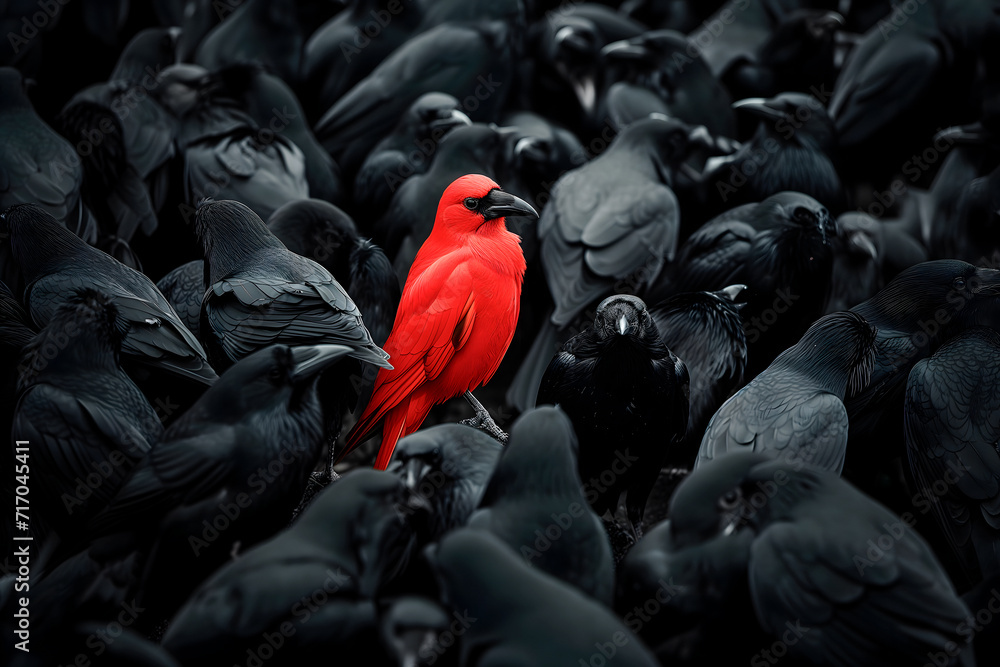 Exotic Red Bird In the Group Of Crows, Stand Out From Crowd Concept ...