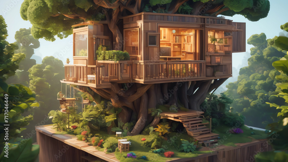 cube cutout of an isometric treehouse with a gaming pc, windows, plants ...