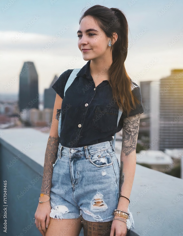 Young female millennial on a rooftop, showcasing her tattoos and ...