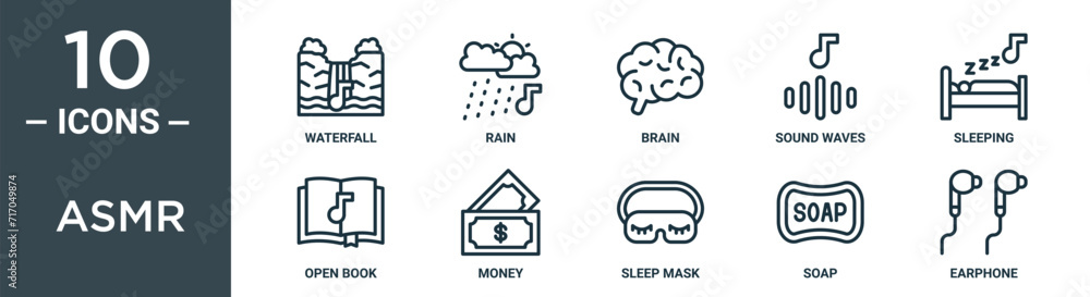 asmr outline icon set includes thin line waterfall, rain, brain, sound ...