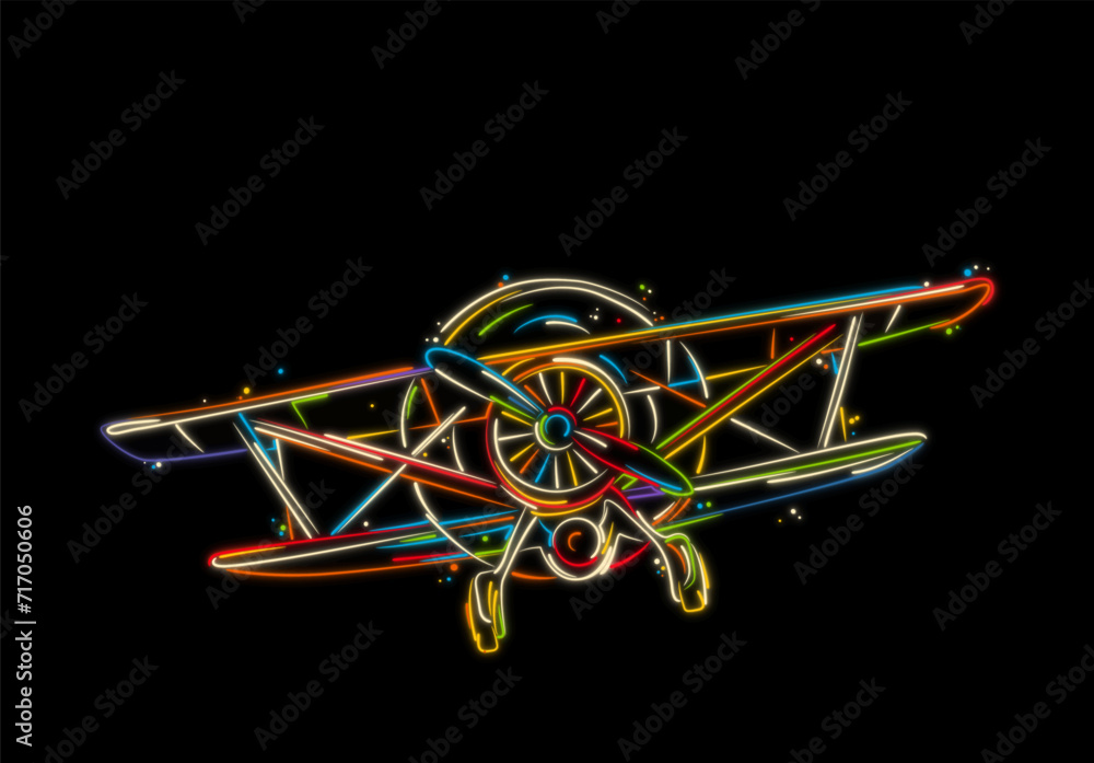 Biplane front view sketch, stylized vector hand drawing in colors over ...