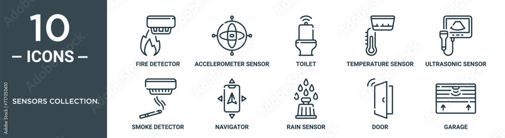 sensors collection. outline icon set includes thin line fire detector ...