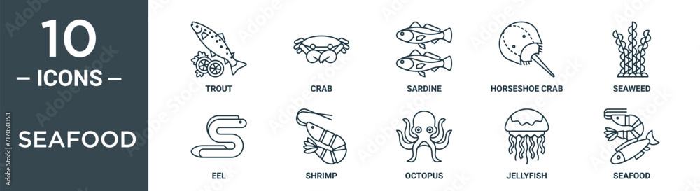 seafood outline icon set includes thin line trout, crab, sardine ...