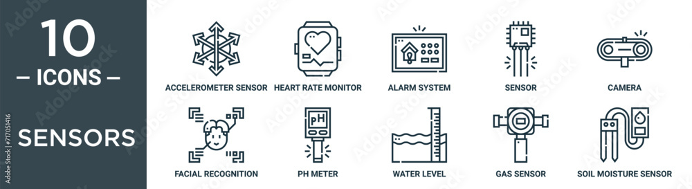 sensors outline icon set includes thin line accelerometer sensor, heart ...
